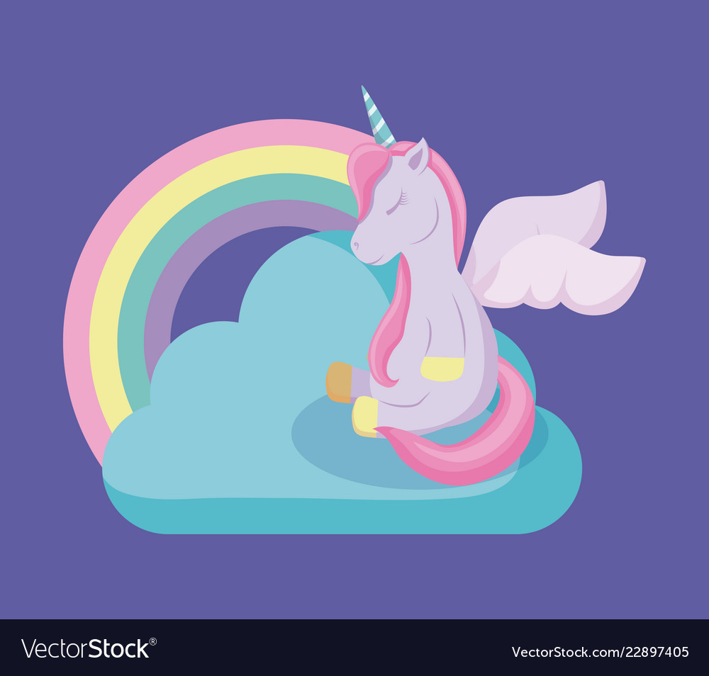Cute unicorn of fairy tale with rainbow and cloud Vector Image