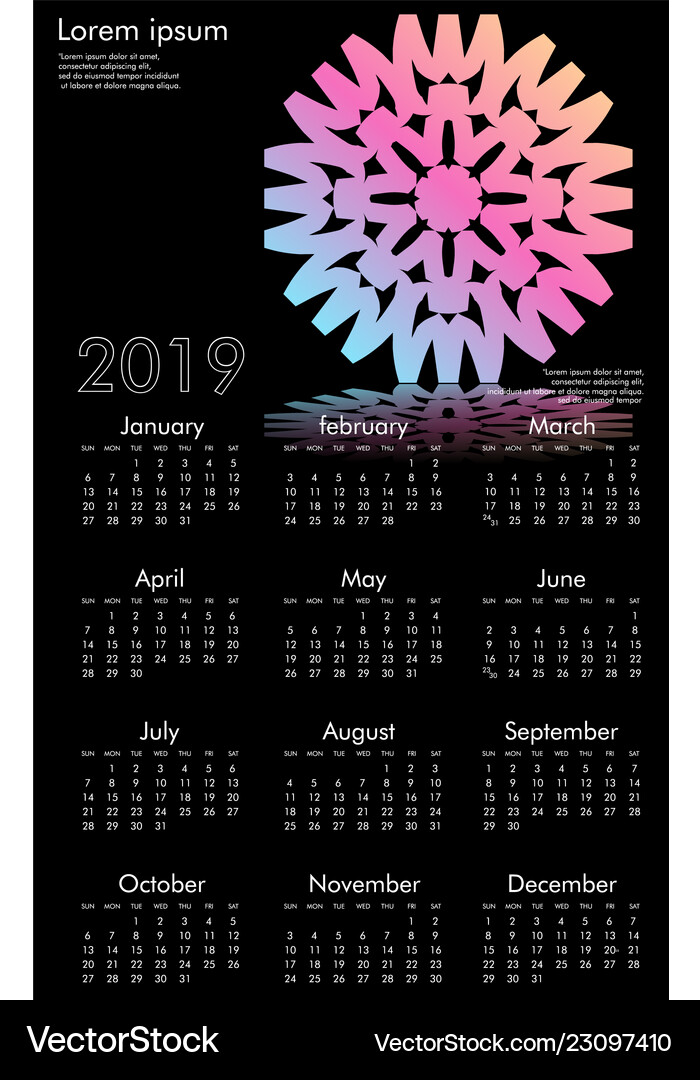 Calendar design for 2019 simple black background Vector Image