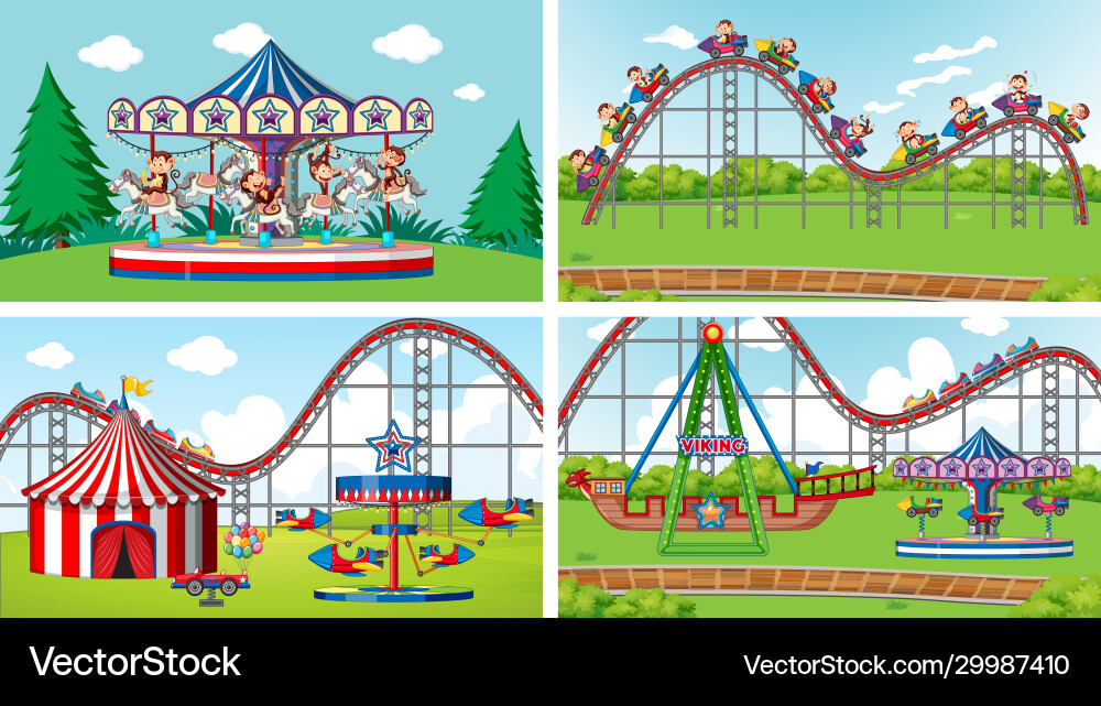 Four scenes with many rides in fun fair Royalty Free Vector