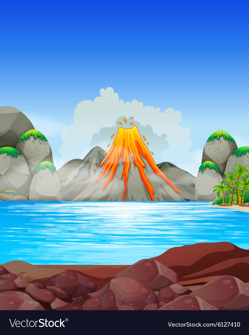 Volcano eruption at lake Royalty Free Vector Image