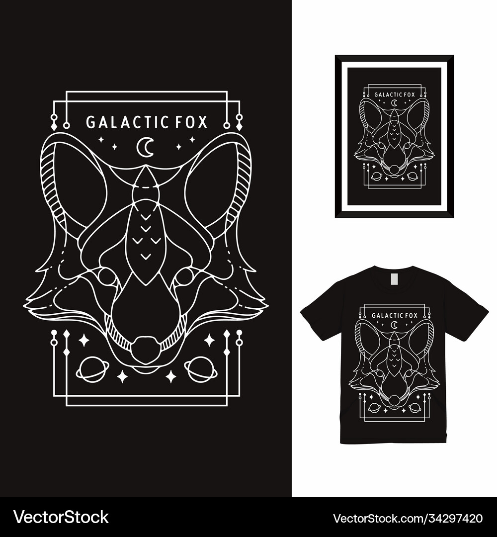 Galactic fox line art t shirt design Royalty Free Vector