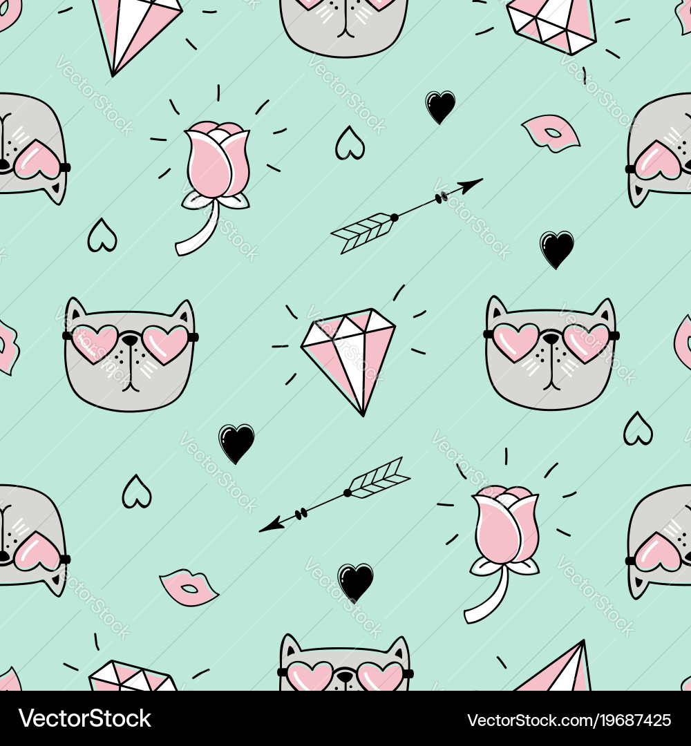 Cute seamless pattern with cat hearts and love Vector Image