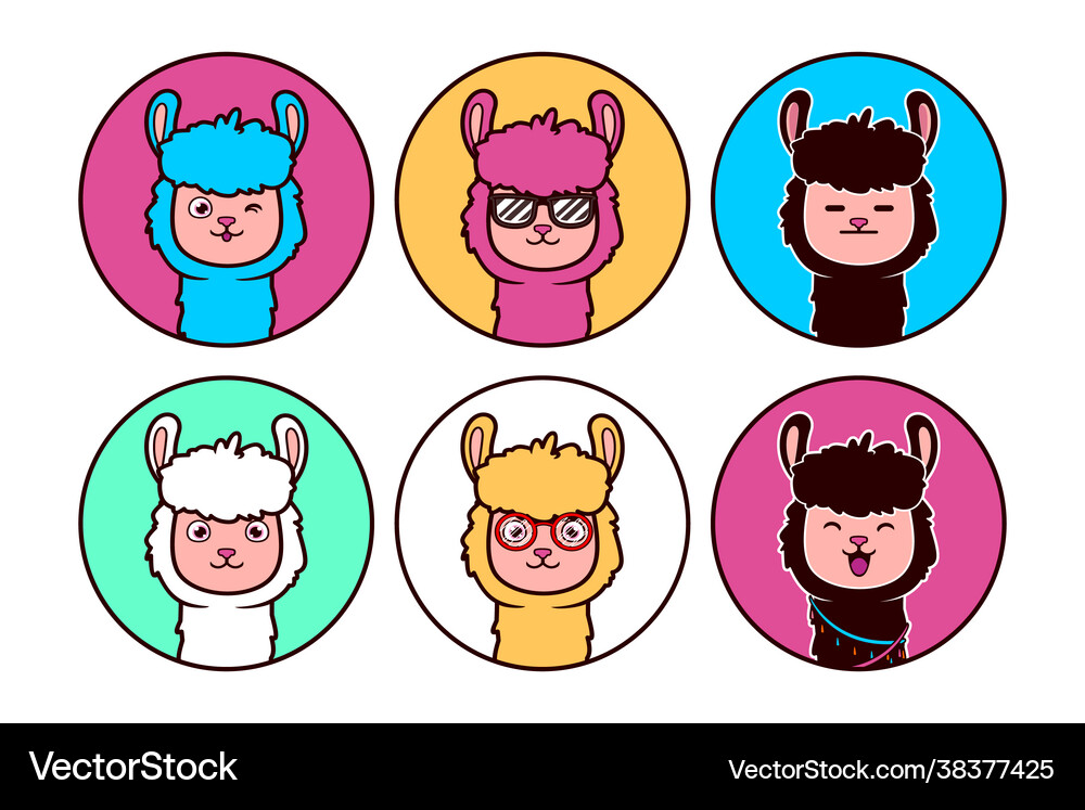 Set cute alpaca avatar cartoon Royalty Free Vector Image