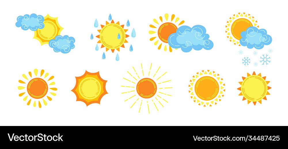 Sun cartoon set forecast weather hand drawn Vector Image