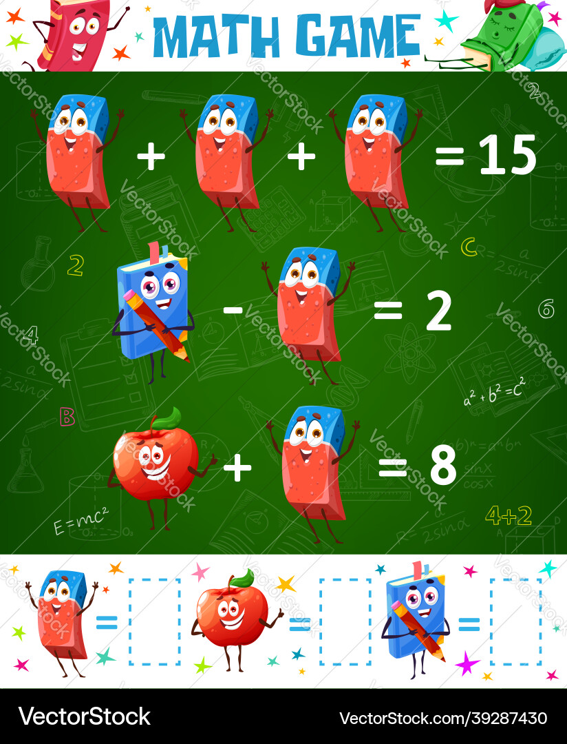 Math game worksheet cartoon education maze puzzle Vector Image