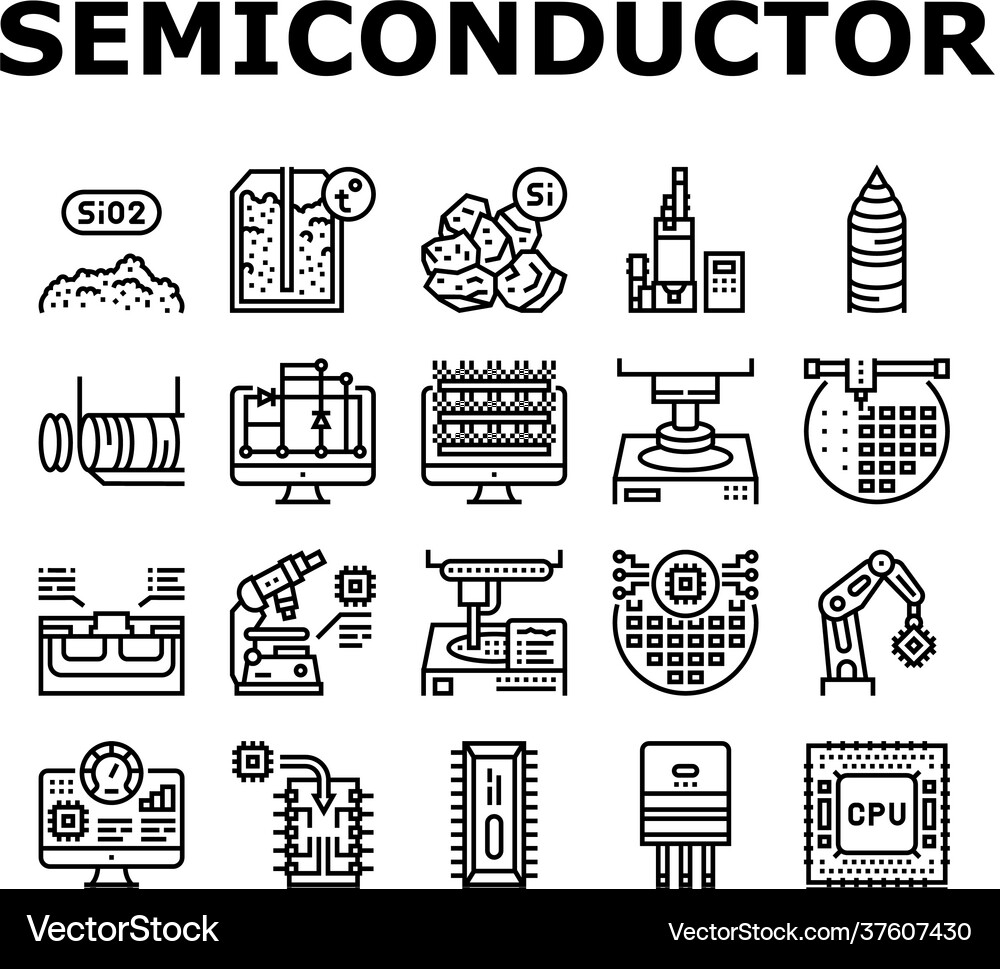 Semiconductor manufacturing plant icons set Vector Image