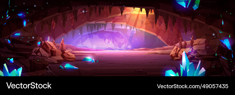 Large cave with gemstones on walls Royalty Free Vector Image