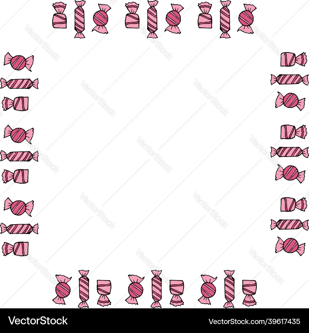Square frame with pink candies on white background