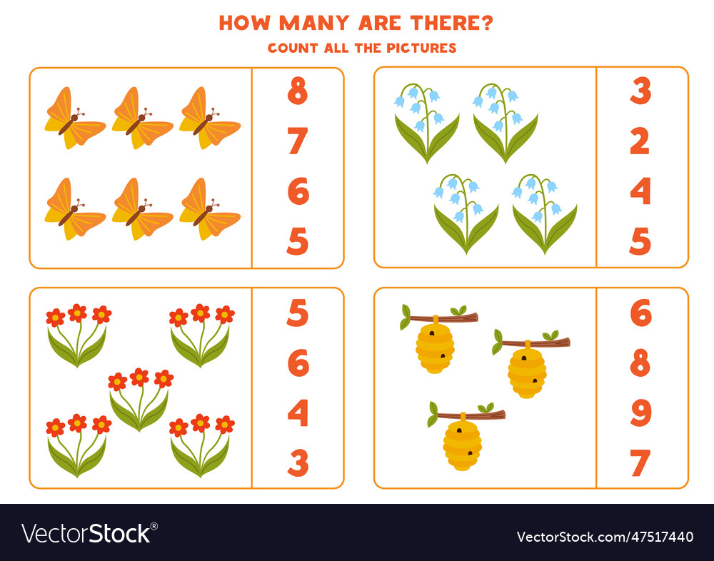 Counting game with cute spring pictures Royalty Free Vector