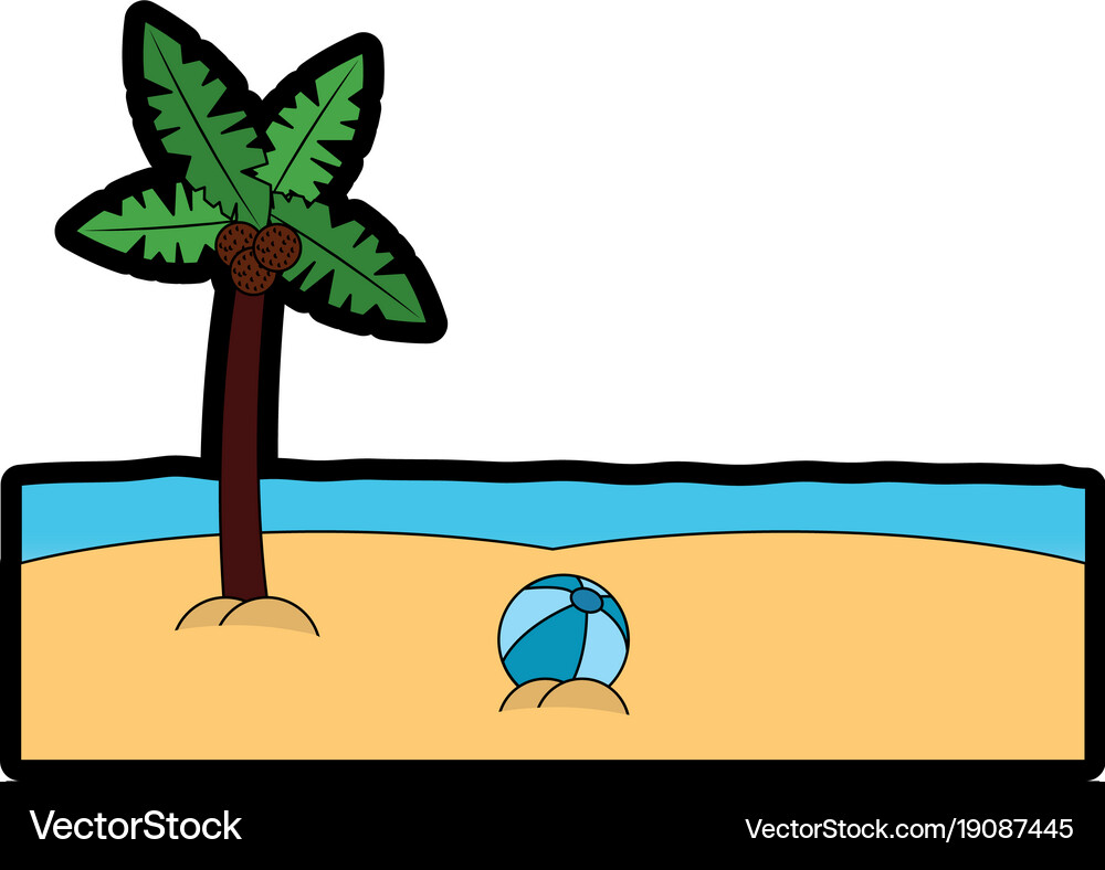 Beach palm tree ball sand sea image Royalty Free Vector