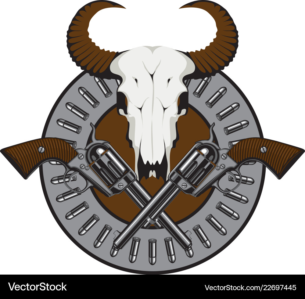 Emblem with two old revolvers bullets and skull Vector Image