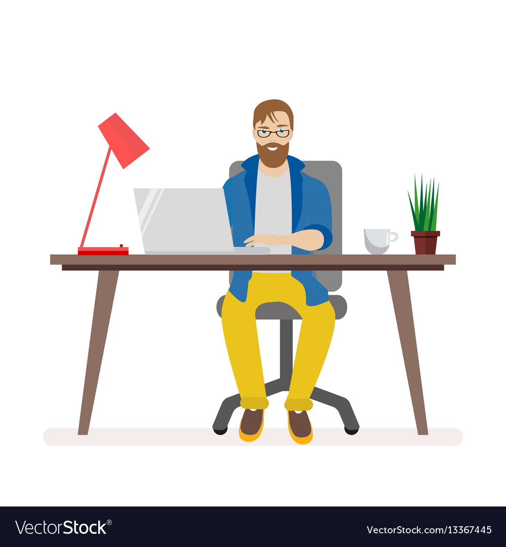 Man behind a desk working on a computer the Vector Image