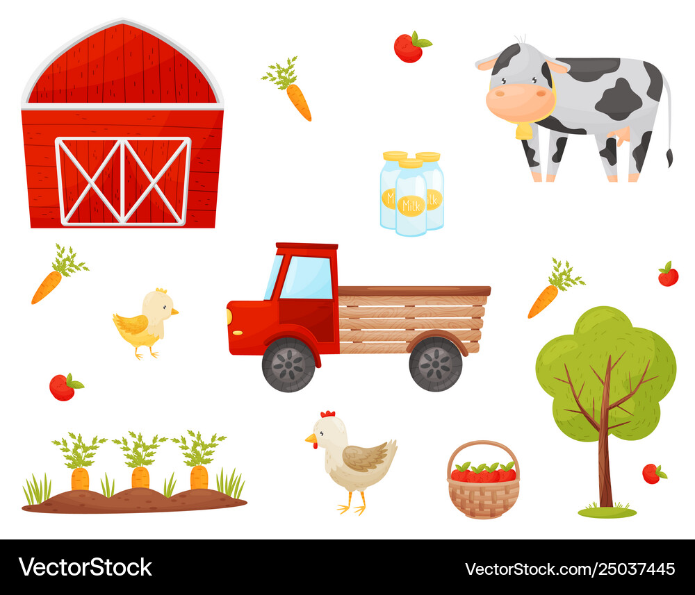 Set farmer element vegetables fruits farm Vector Image