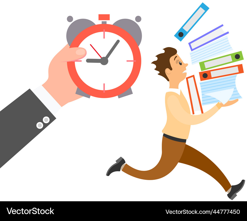 Boss shows employee clock with time guy runs Vector Image