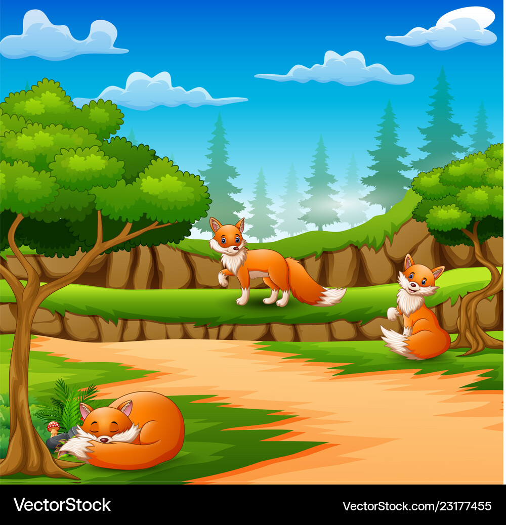 Happy three fox cartoon on nature scene Royalty Free Vector