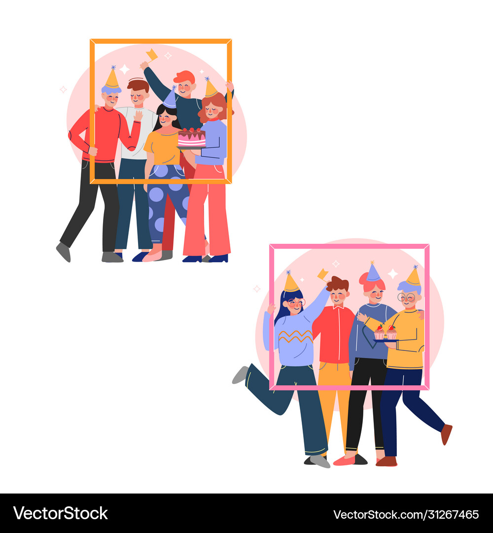 Group friends holding portrait frame set young Vector Image