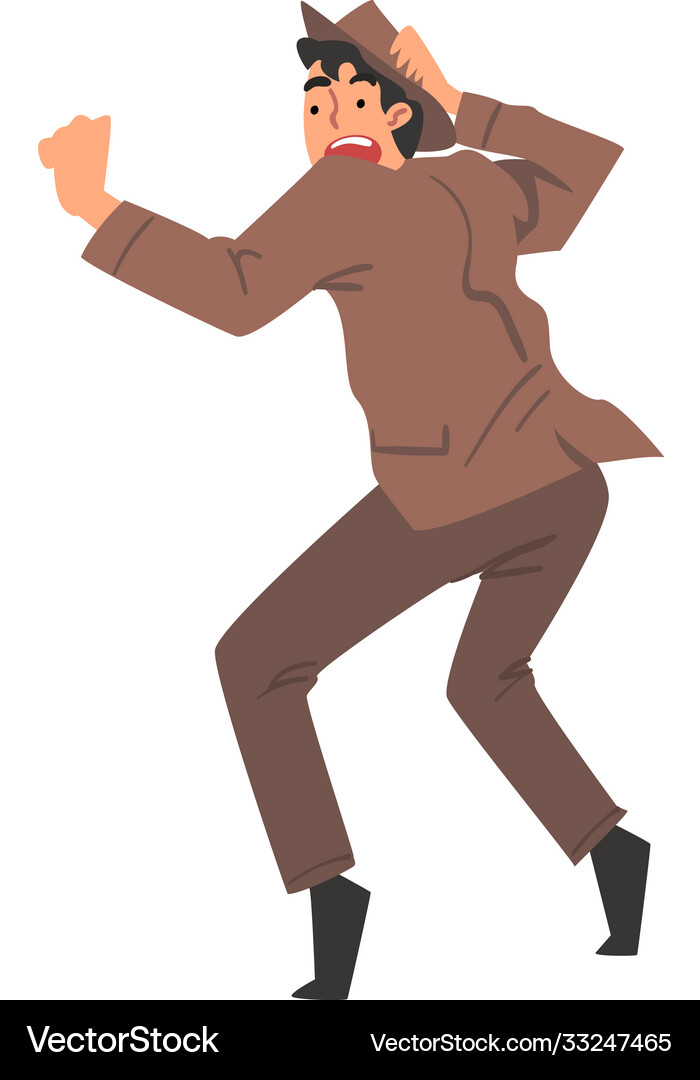 Scared young man in brown suit and fedora hat Vector Image
