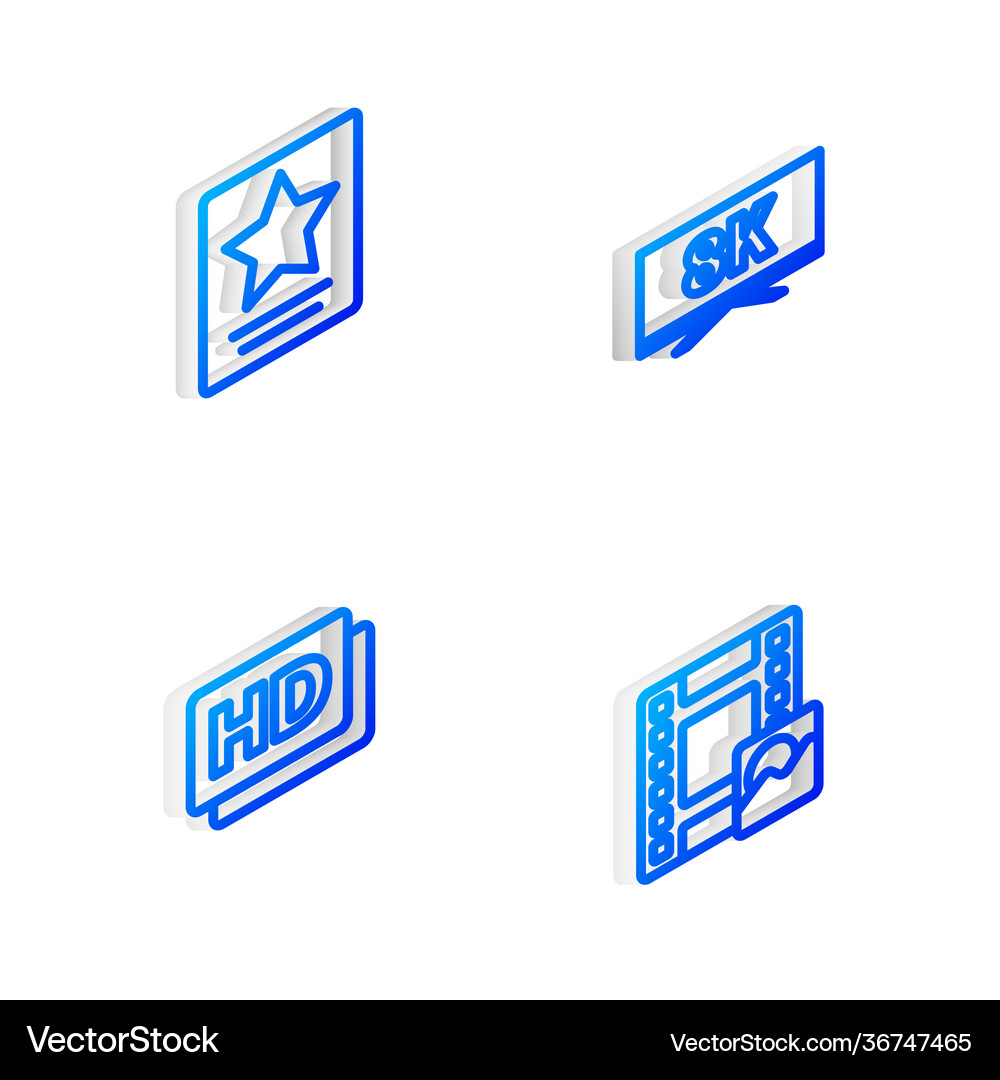 Set isometric line screen tv with 8k hollywood Vector Image
