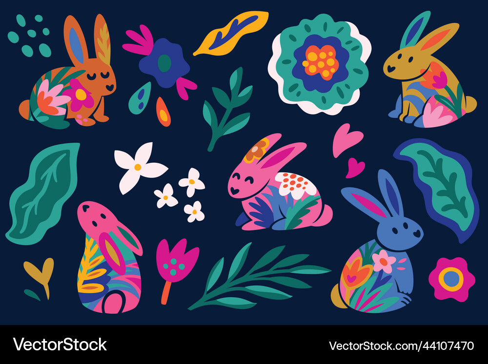 Adorable bunnies with floral elements flat Vector Image