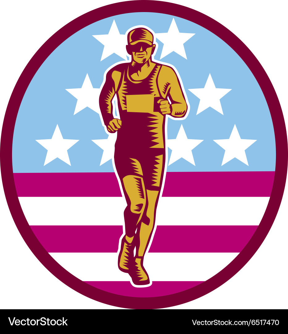 Marathon runner usa flag circle woodcut Royalty Free Vector