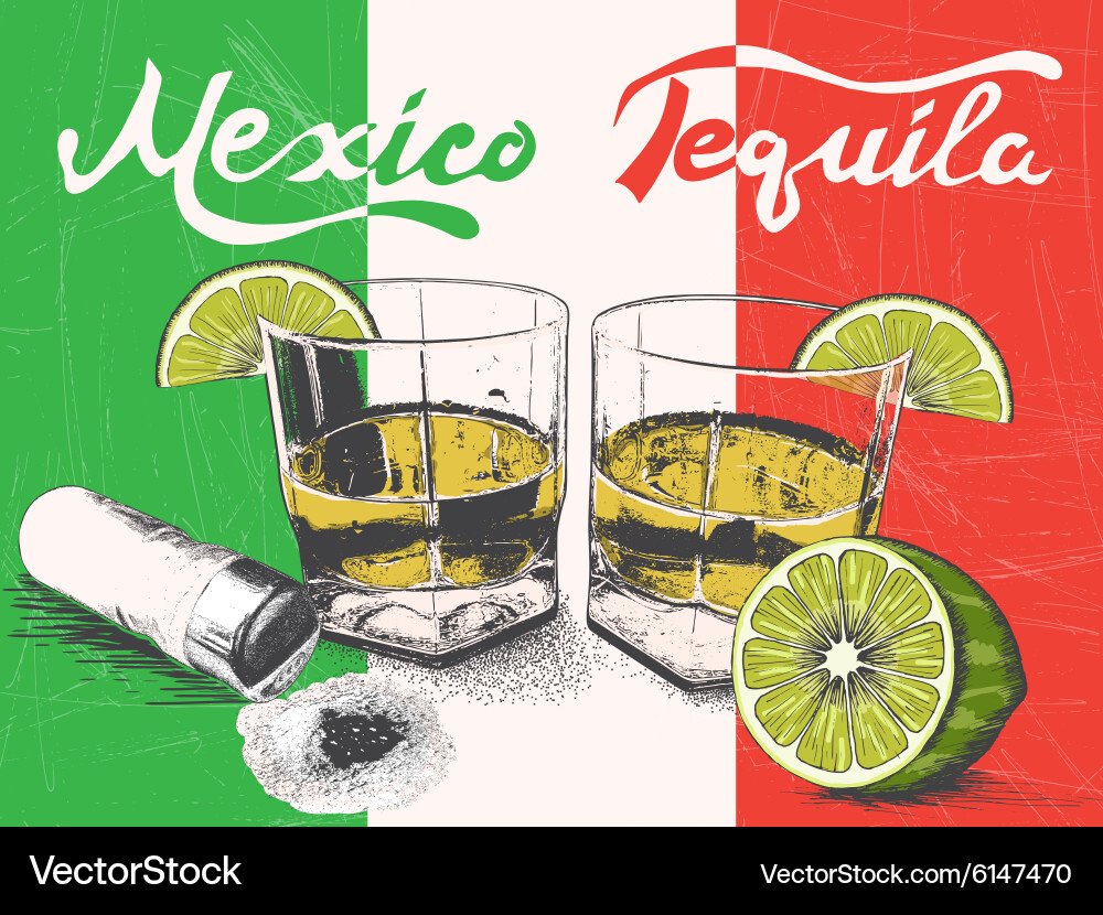Tequila in glasses on mexican flag background Vector Image