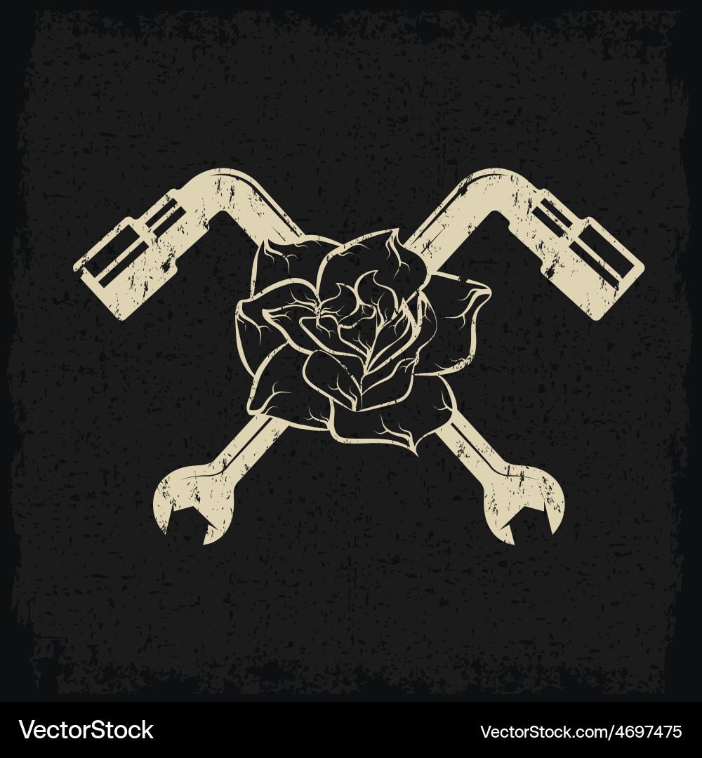 Biker theme label with flowers and wrenches Vector Image