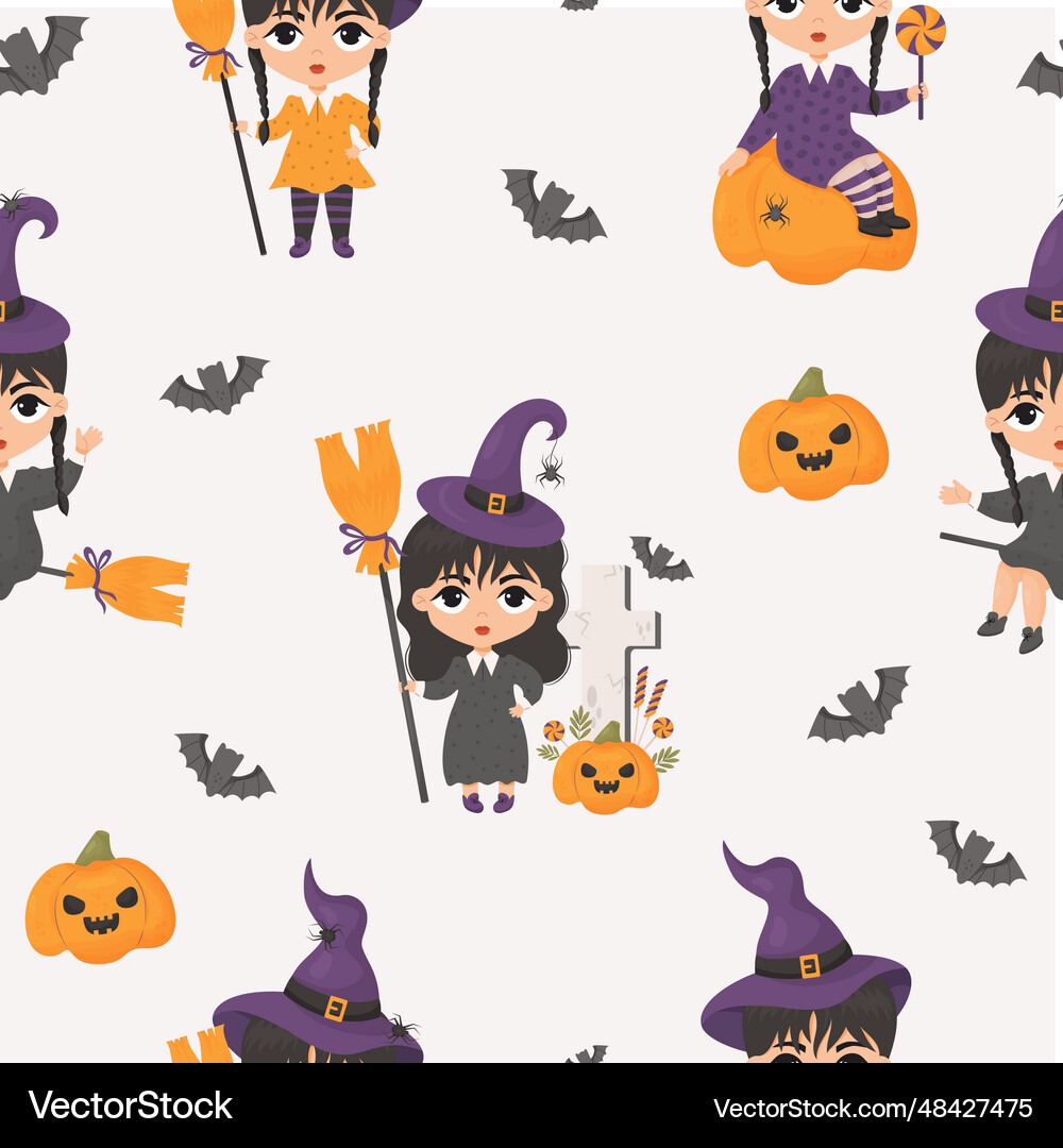 Seamless pattern halloween cute witch girls Vector Image