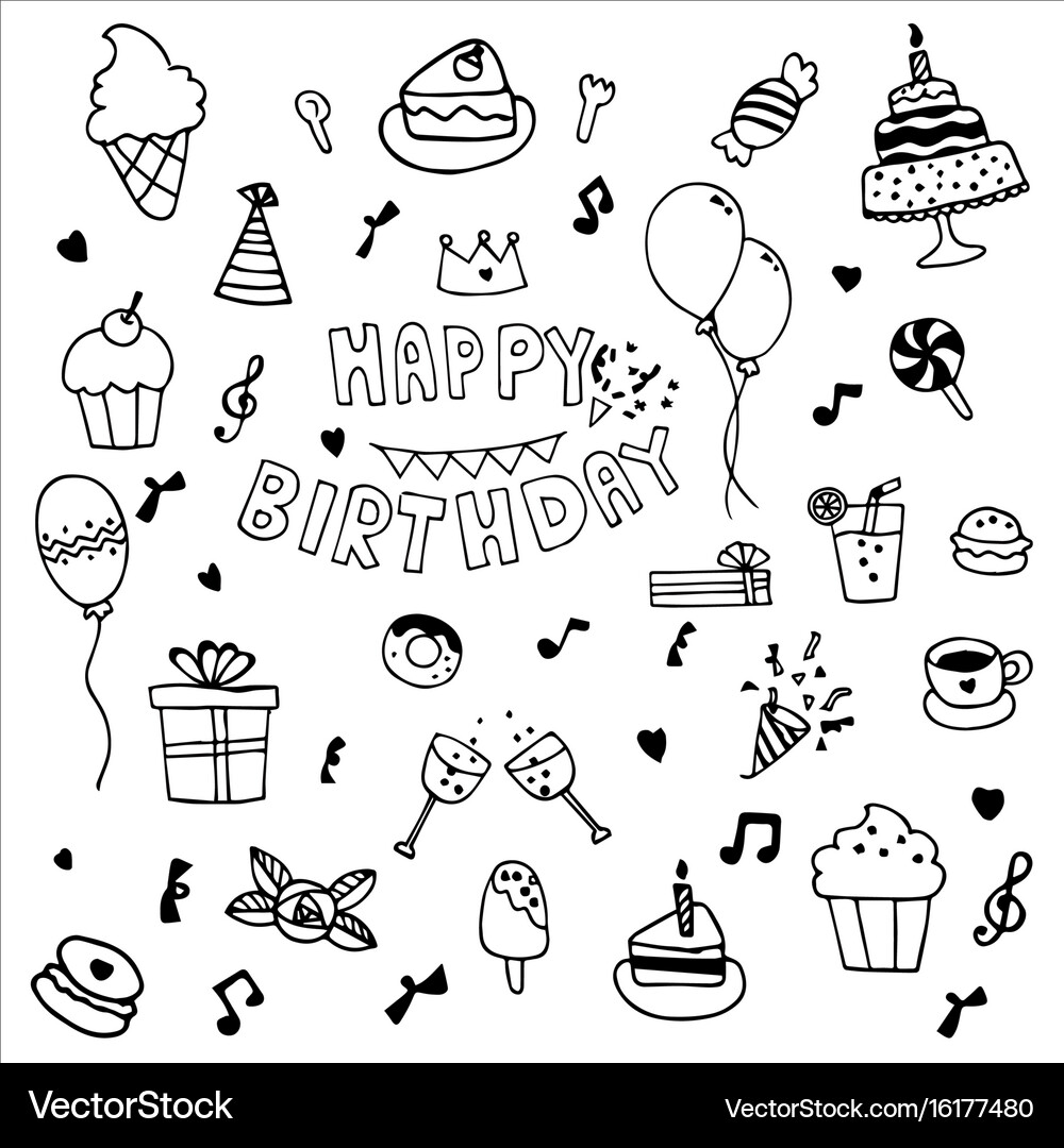 Happy birthday party elements set hand drawn Vector Image