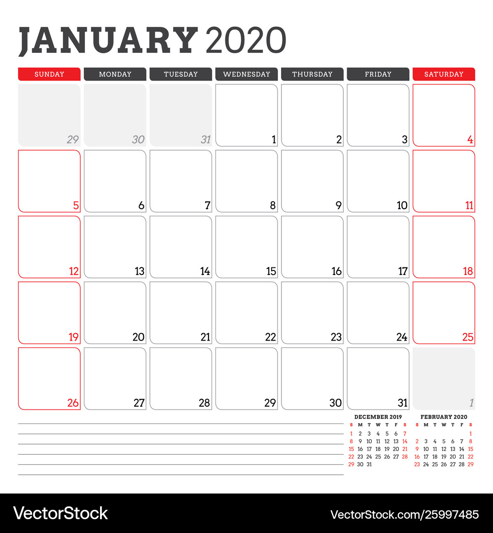 Calendar planner for january 2020 week starts Vector Image