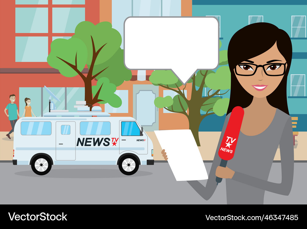 Female reporter with microphone and bubble speech Vector Image