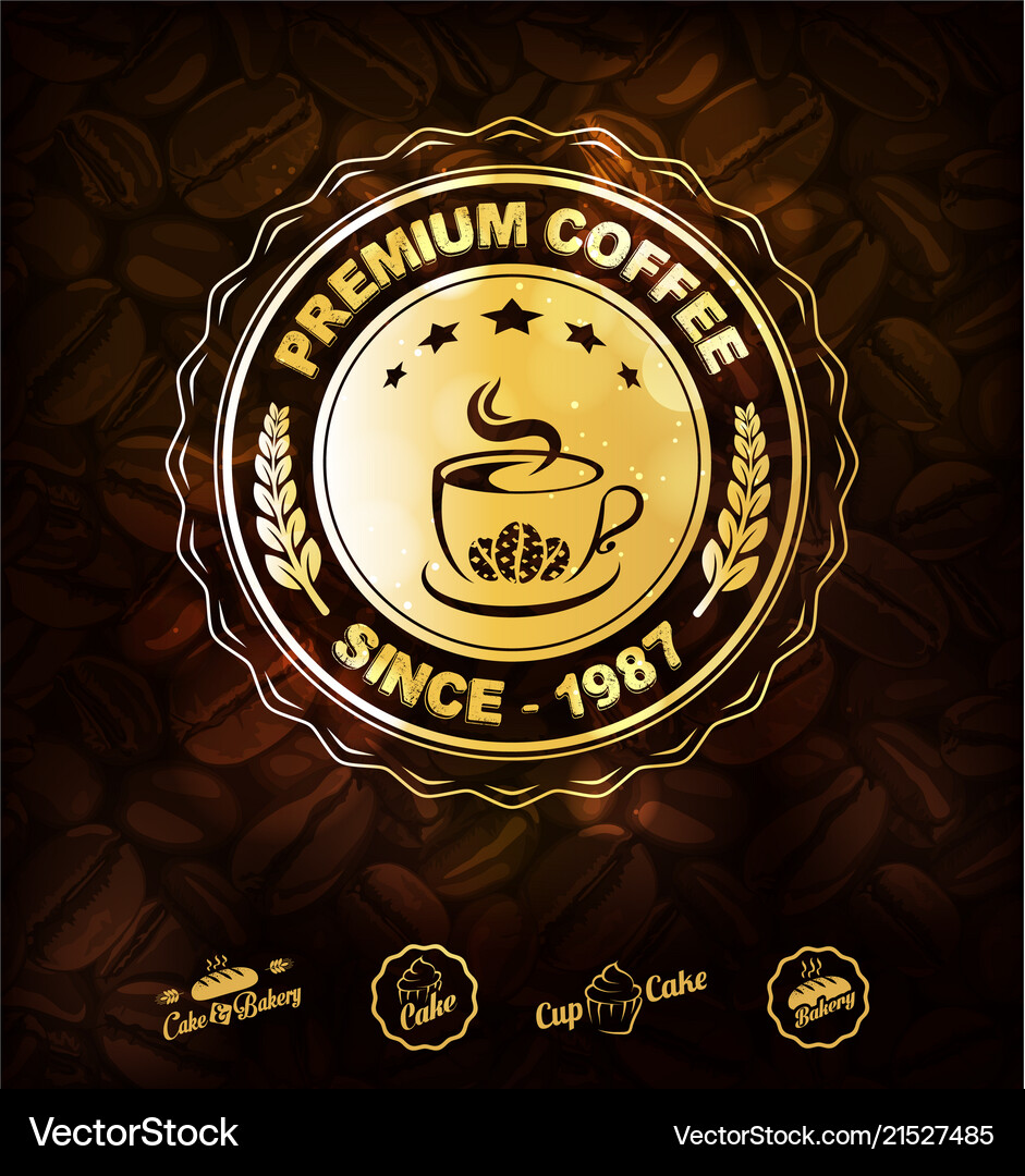 Golden coffee labels and beans background Vector Image