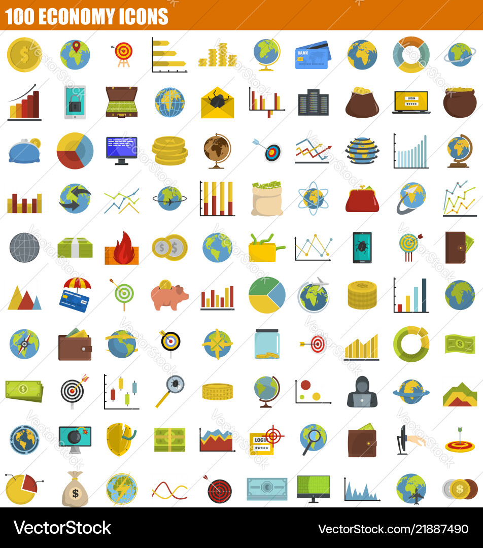 100 economy icon set flat style Royalty Free Vector Image