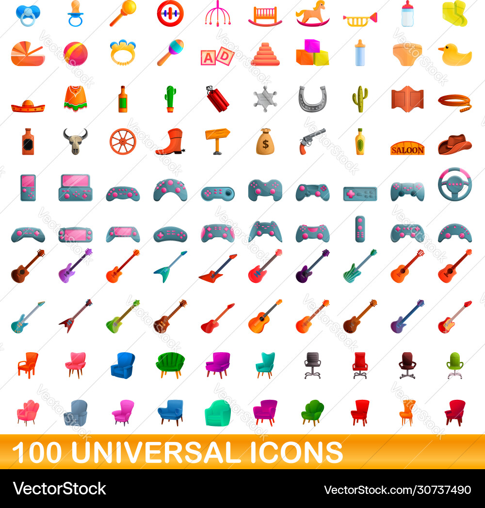 100 universal icons set cartoon style Royalty Free Vector