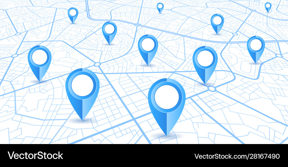 Blue gps navigator pins on a roads map Royalty Free Vector