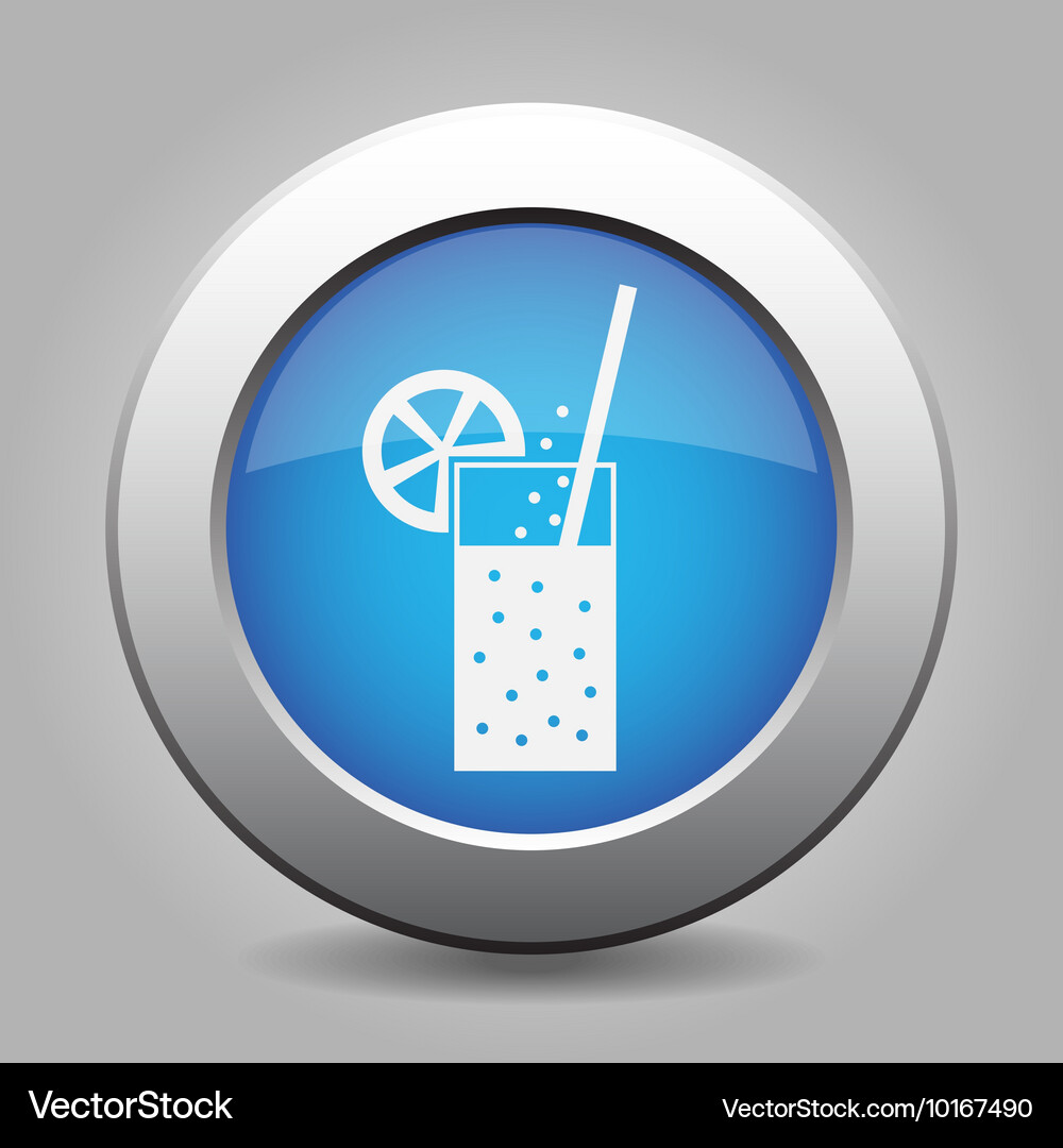 Blue metal button - glass with carbonated drink Vector Image