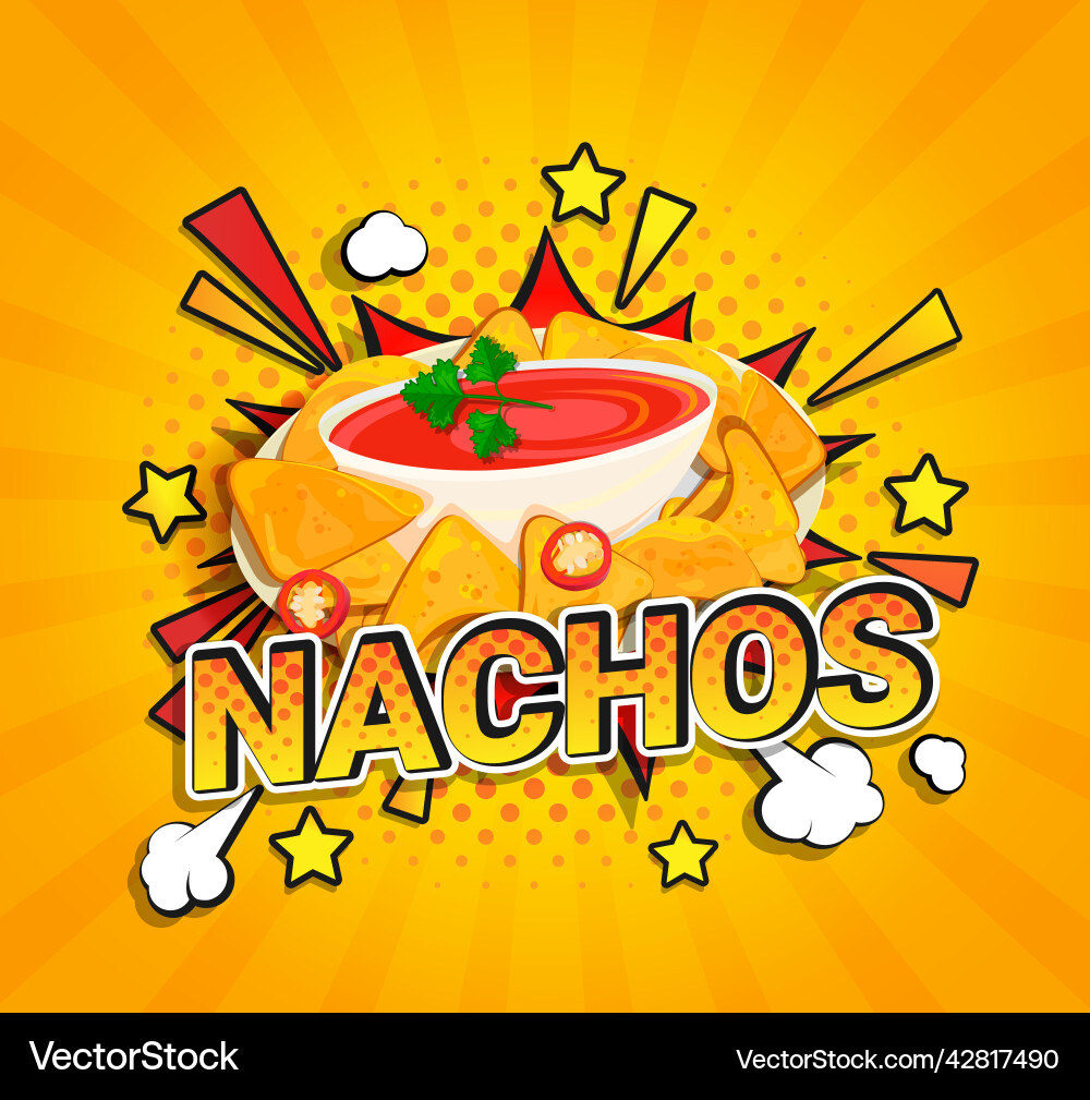 Nachos flyer on sunburst halftone background Vector Image