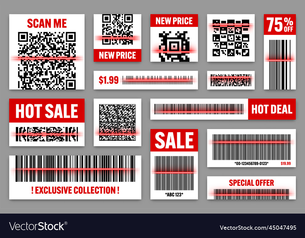 Product barcodes and qr codes with red scanning Vector Image