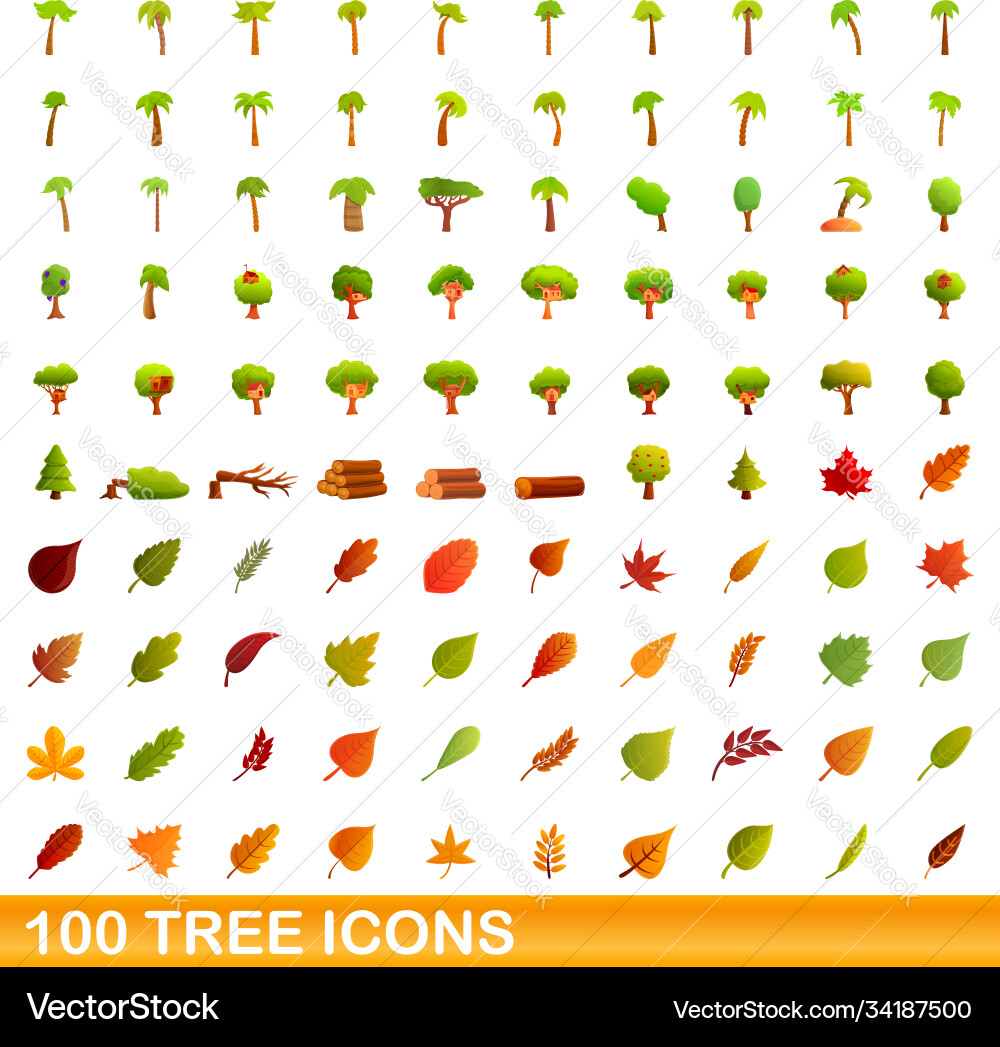 100 tree icons set cartoon style Royalty Free Vector Image
