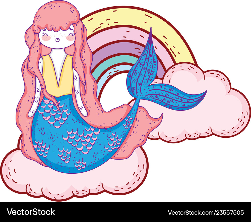 Cute mermaid with clouds and rainbow Royalty Free Vector