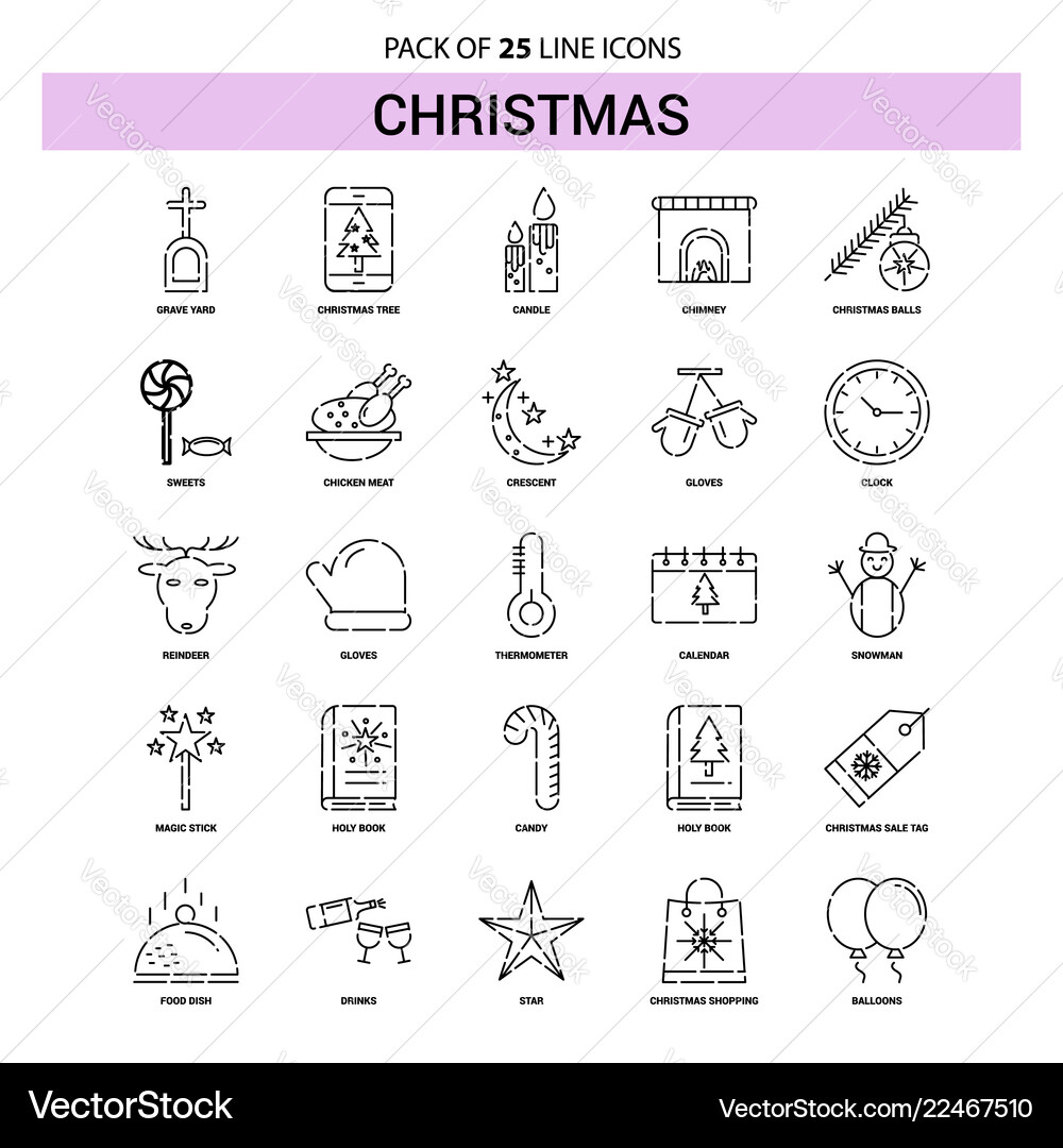 Christmas line icon set - 25 dashed outline style Vector Image