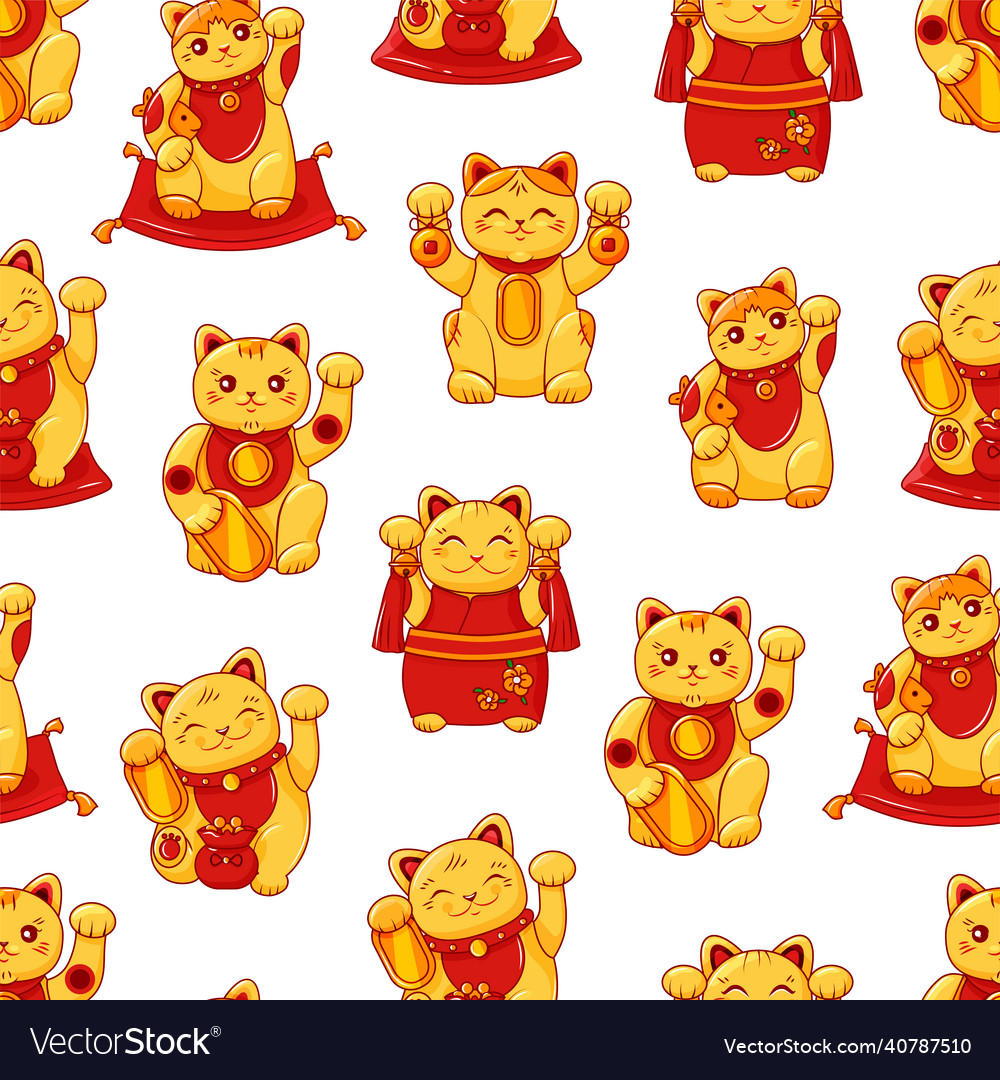 Golden maneki neko seamless patternjapanese cats Vector Image