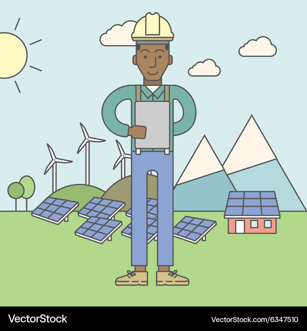 Man with solar panels and wind turbines Royalty Free Vector
