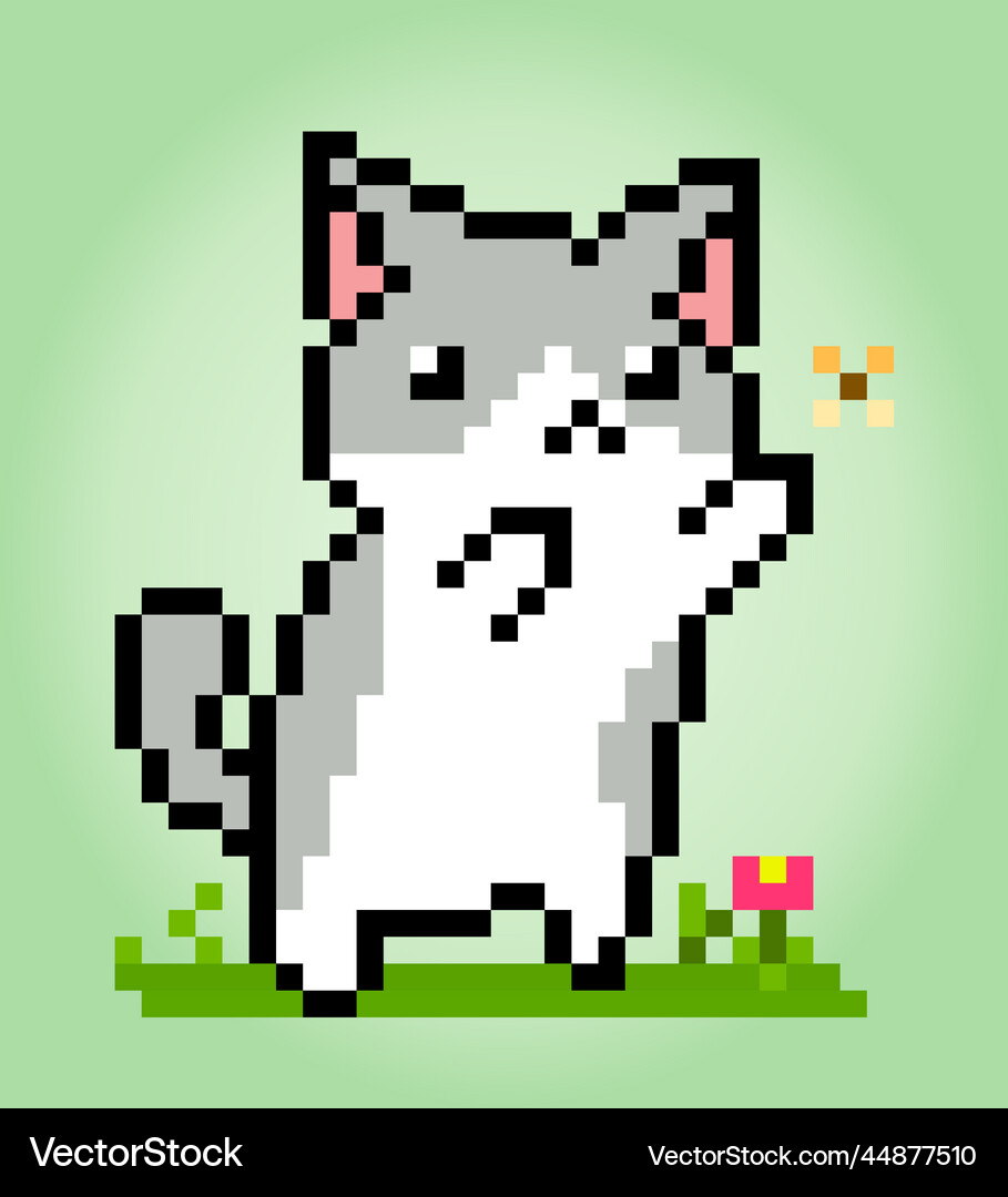 Pixel 8 bit cat catches a butterfly animals Vector Image
