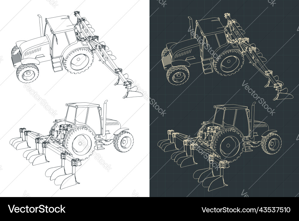 Tractor with plowing equipment drawings Royalty Free Vector