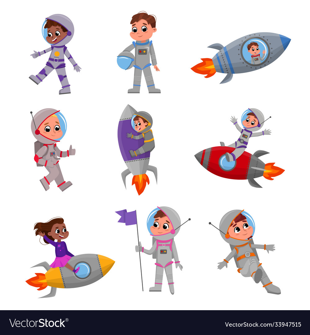 Cute happy kid astronauts in outer space suits set