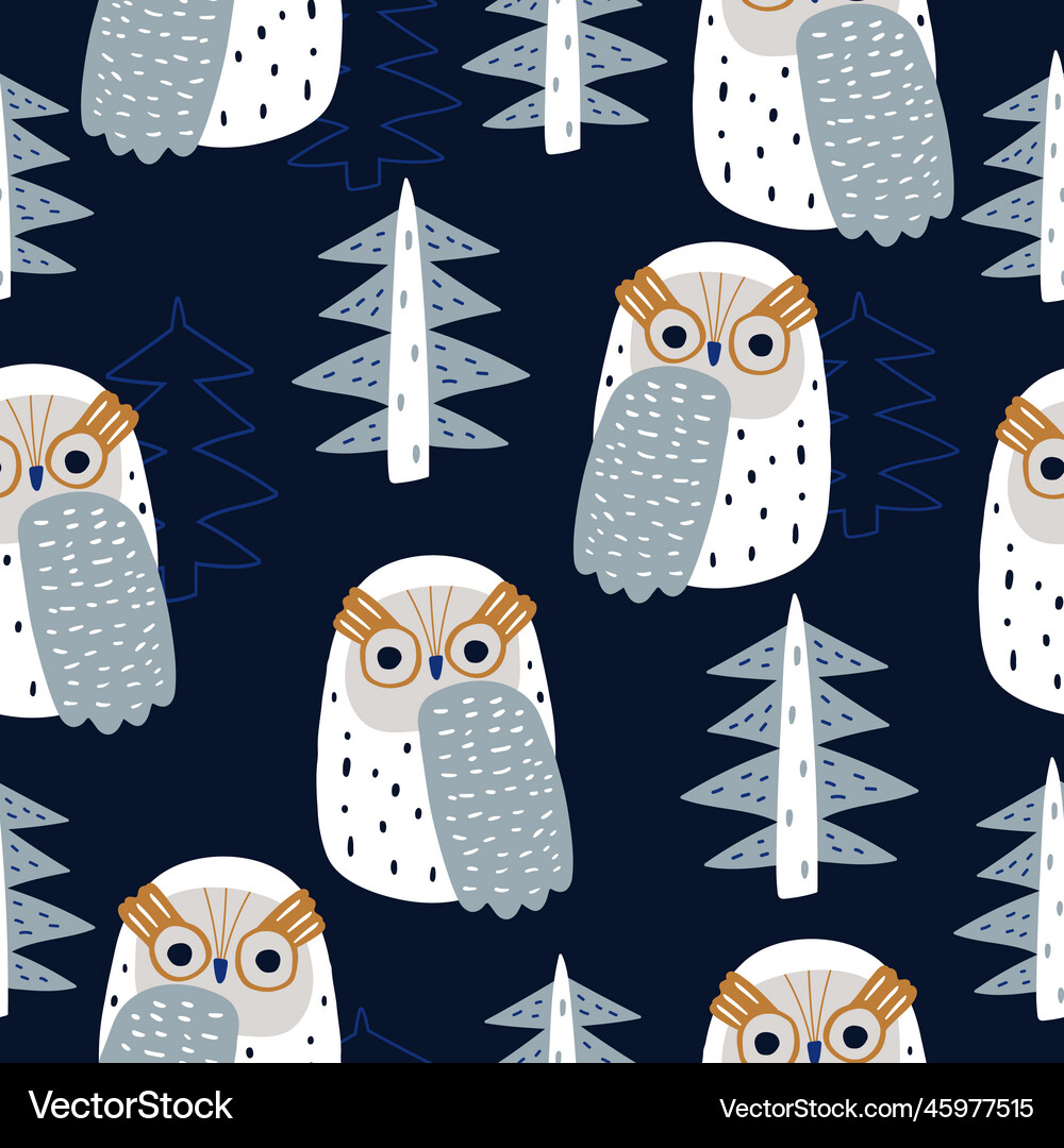 Seamless pattern with cute owls and trees Vector Image