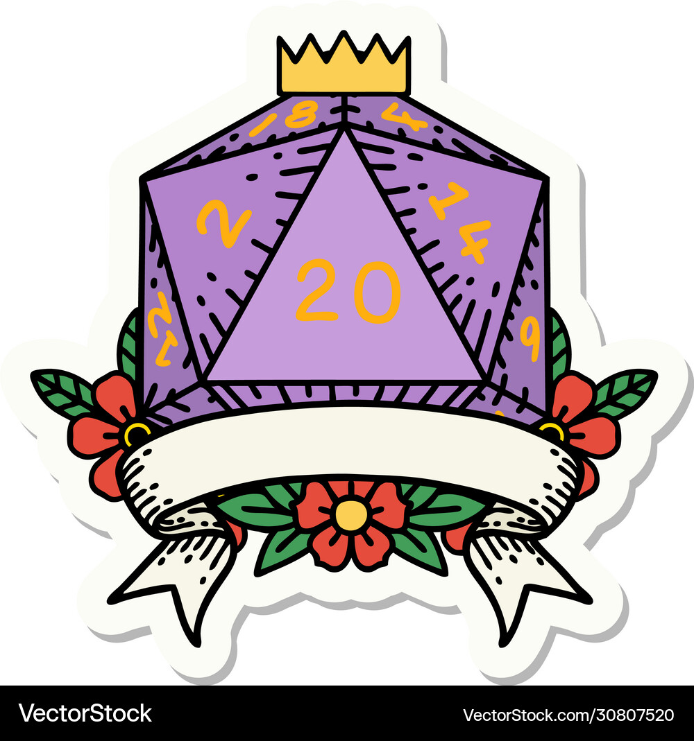 Natural 20 critical hit d20 dice roll sticker Vector Image