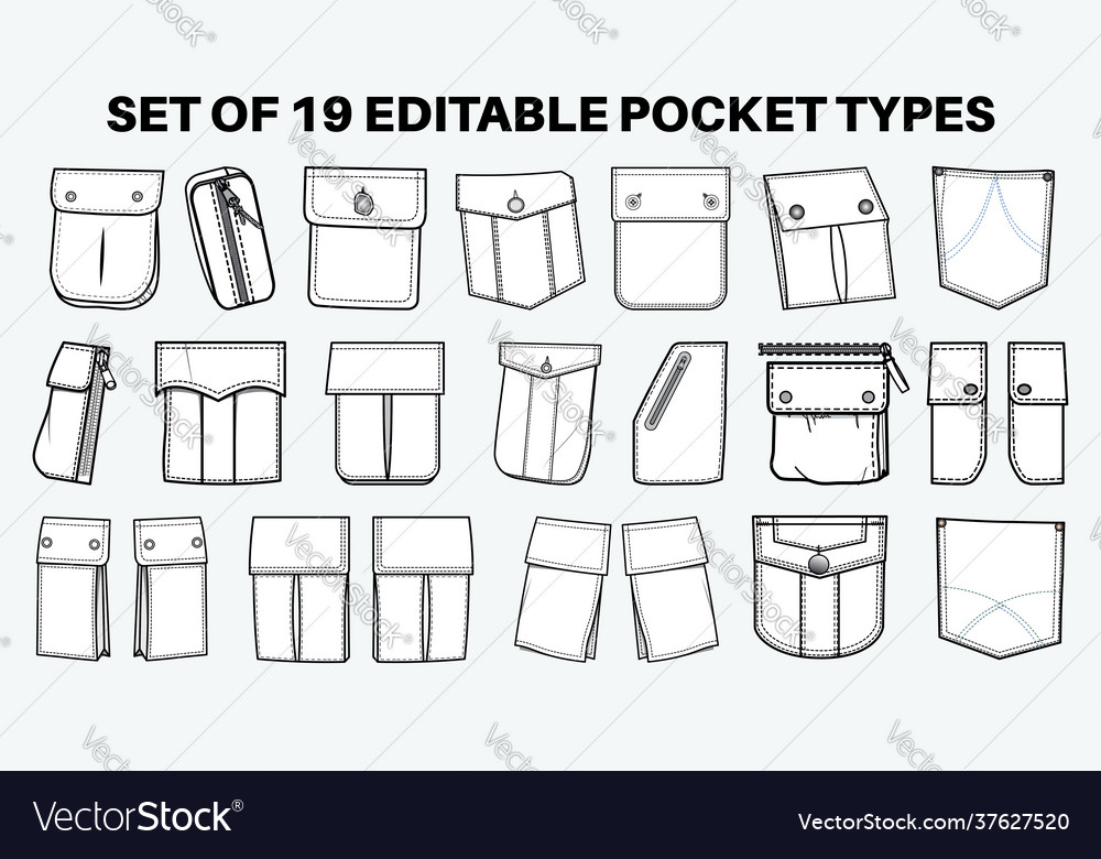 Patch Pocket Flat Sketch Set Different Types Vector Image