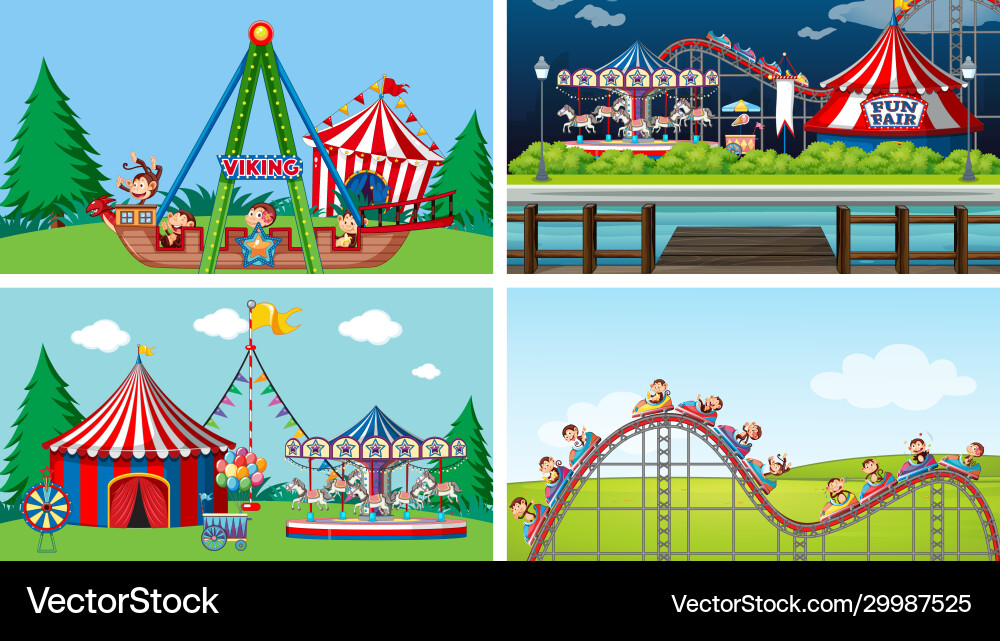 Four scenes with many rides in fun fair Royalty Free Vector