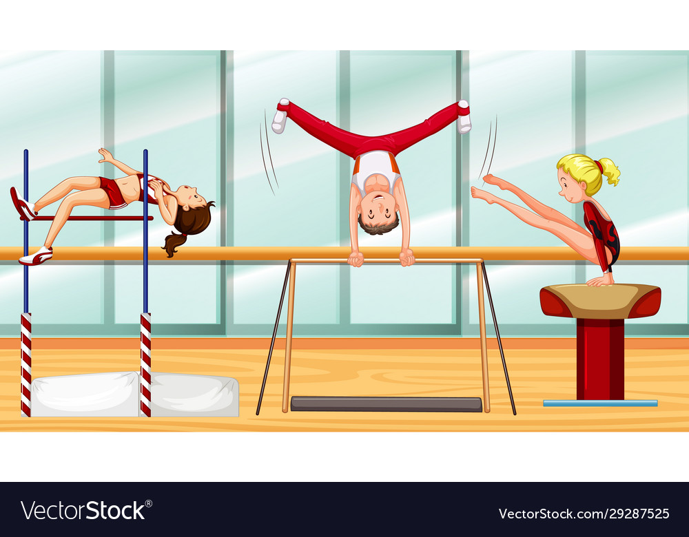 Scene with three athletes doing gymnastic Vector Image